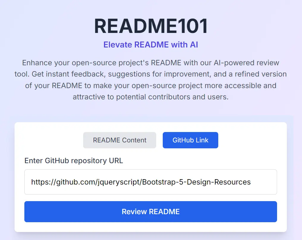 Free AI Readme Review Tool For Open-source Projects - README101