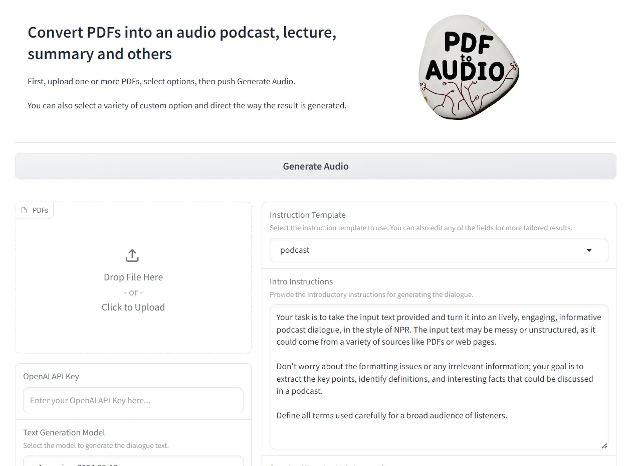 Transform PDFs into Audio Content with Free PDF2Audio Tool