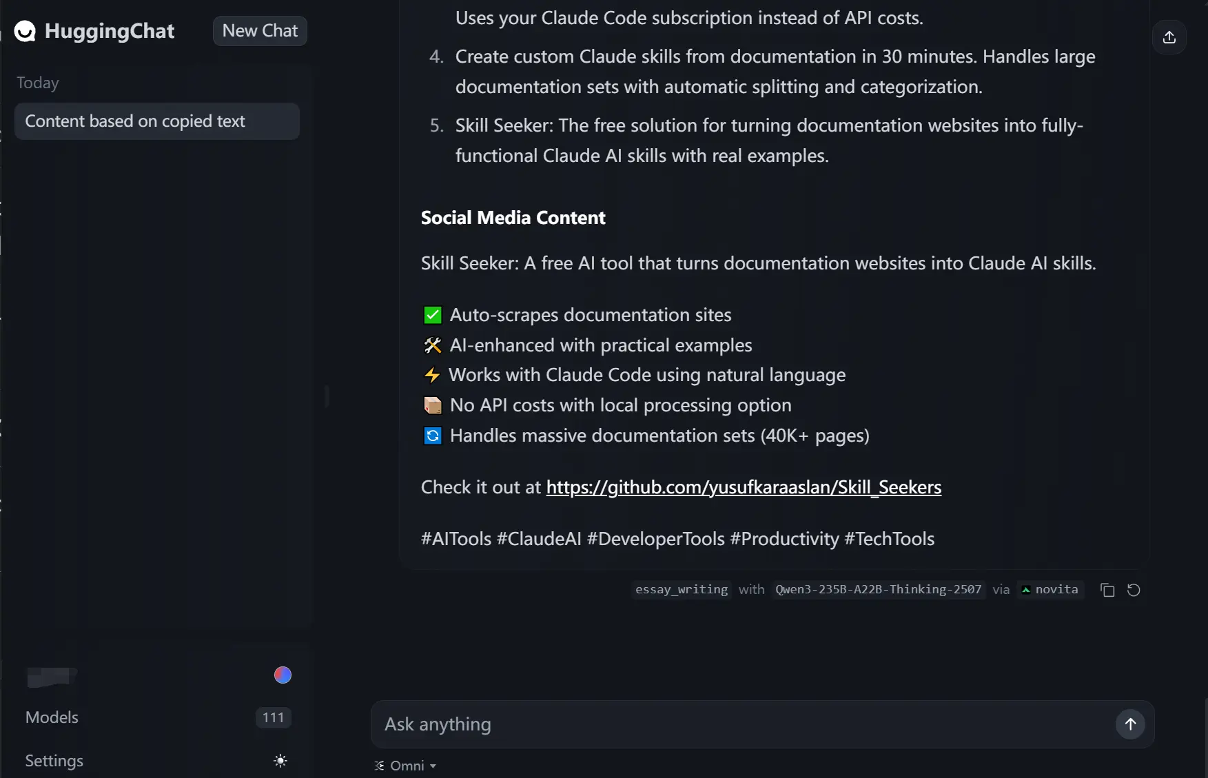 HuggingChat: Chat with 115+ Open-Source AI Models for Free